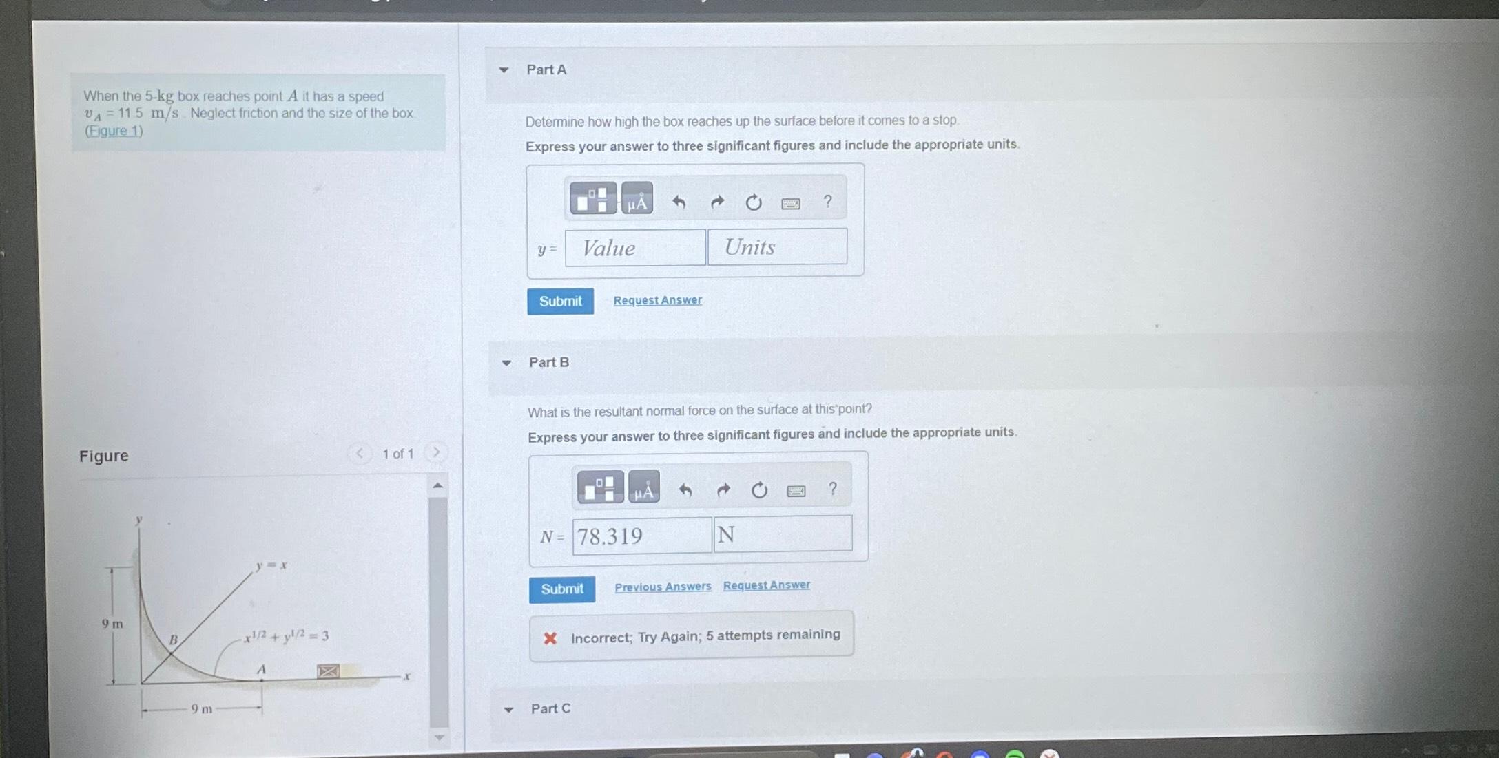 Solved When the 5-kg ﻿box reaches point A ﻿it has a speed | Chegg.com