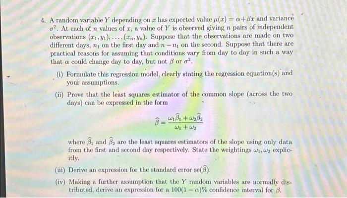Solved 4. A random variable Y depending on x has expected | Chegg.com