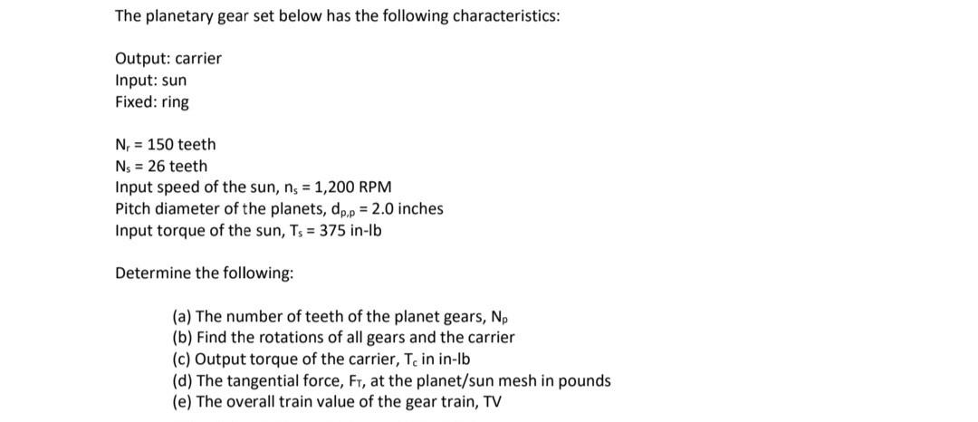 Solved The planetary gear set below has the following | Chegg.com