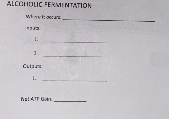 Solved ALCOHOLIC FERMENTATION Where it occurs: Inputs: | Chegg.com