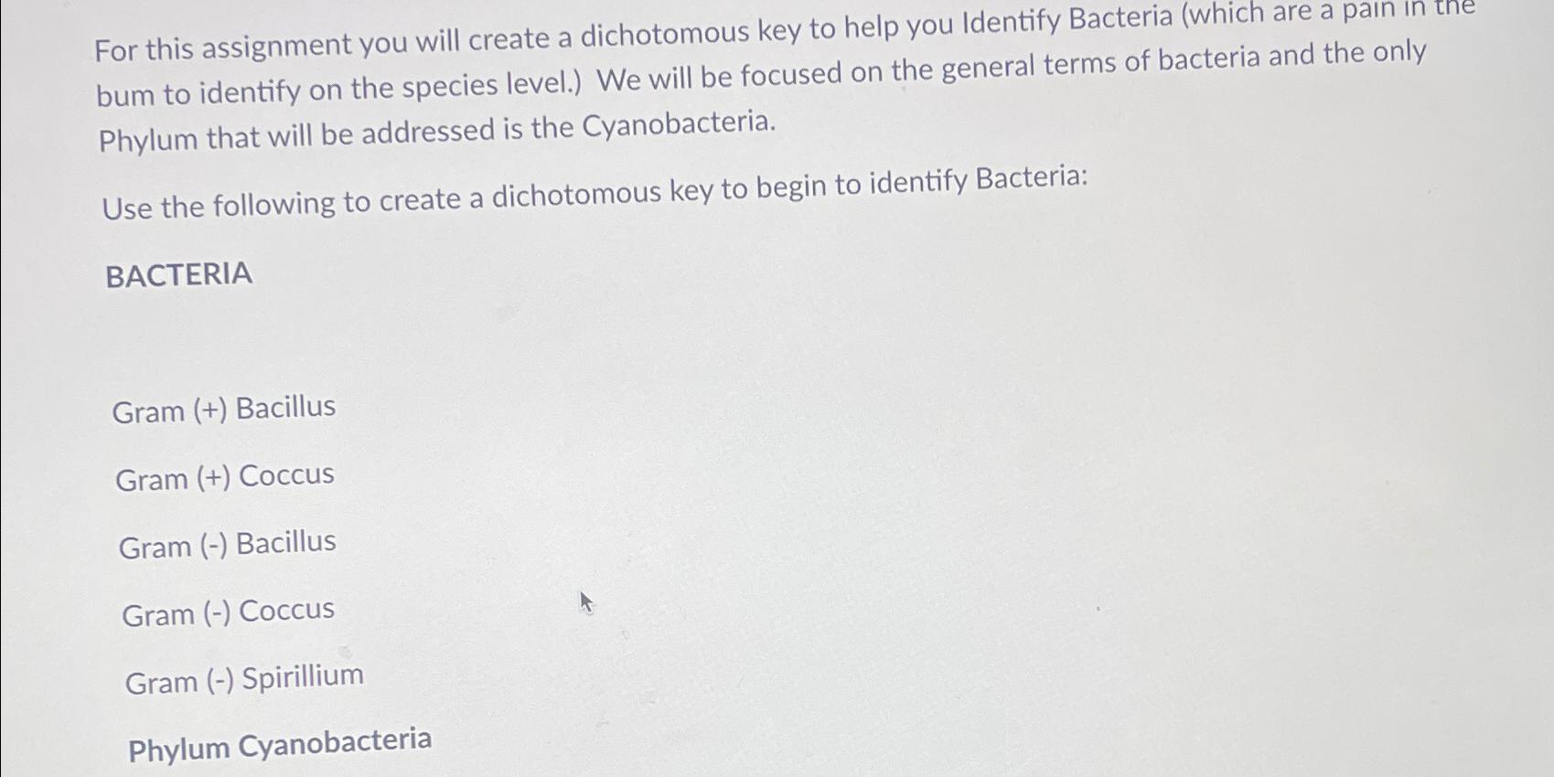 Solved For this assignment you will create a dichotomous key | Chegg.com