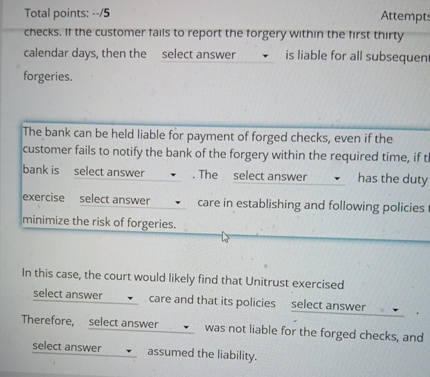 Solved Total points: --/5Attemptschecks. II the customer | Chegg.com