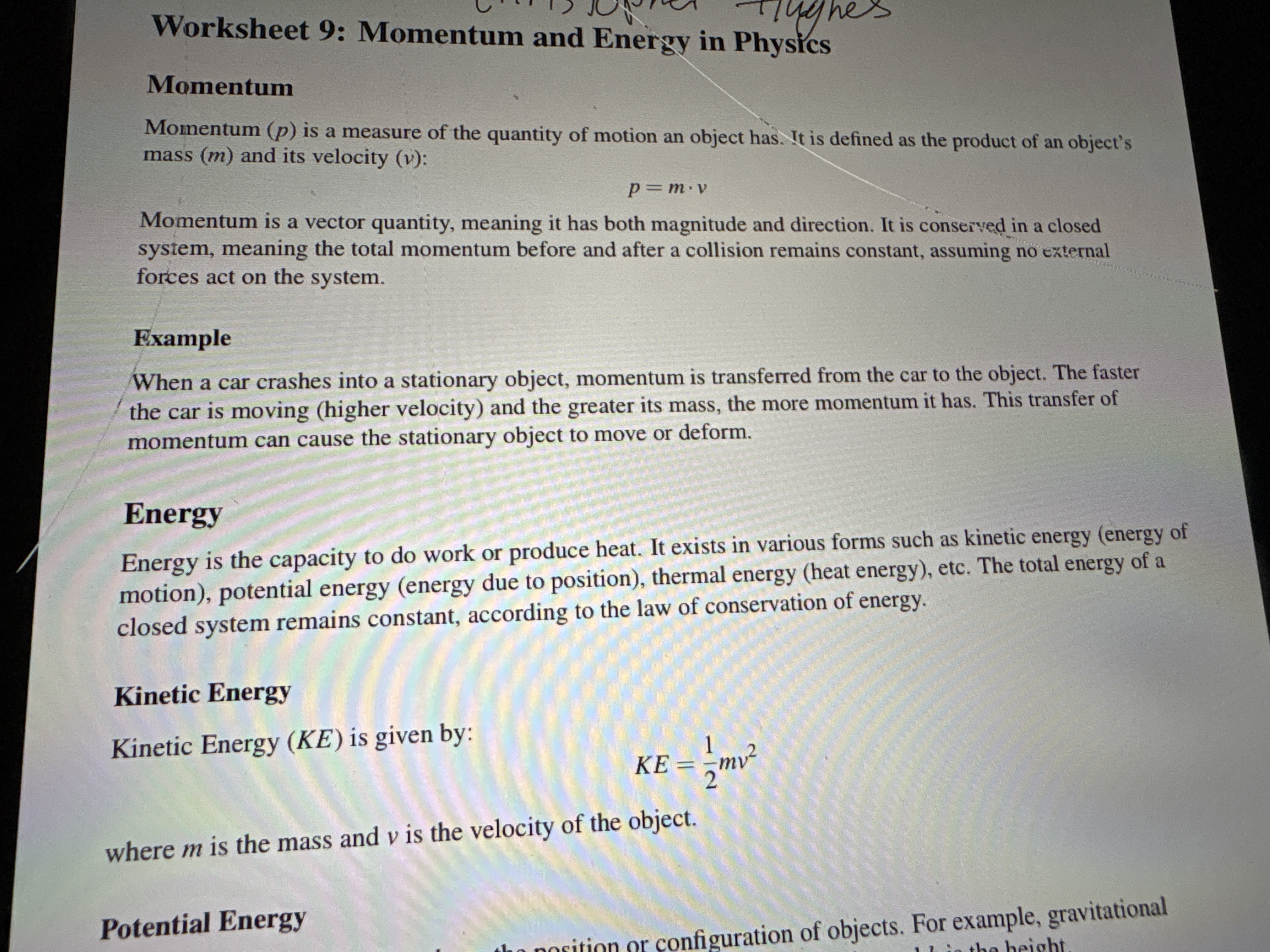 Solved Worksheet 9: Momentum and Energy in | Chegg.com