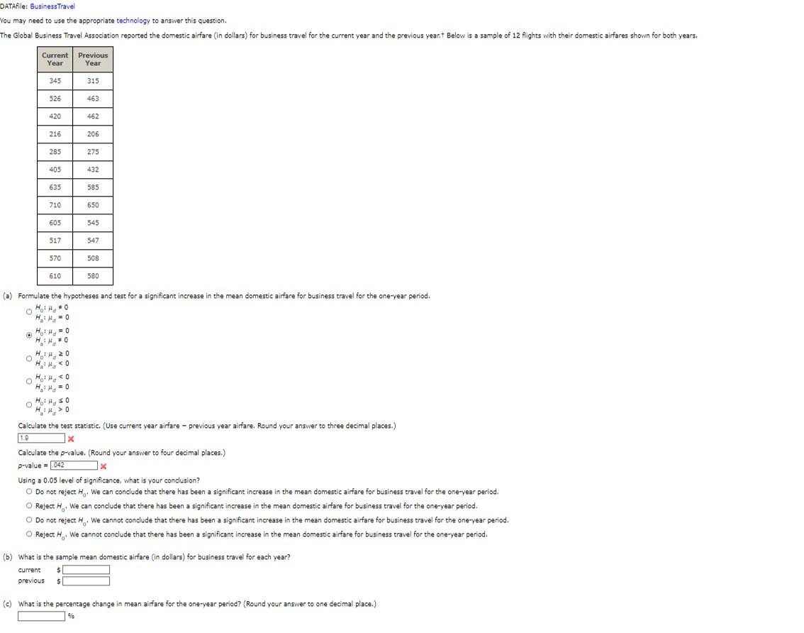 Solved DATAfile: BusinessTravelYou may need to use the | Chegg.com