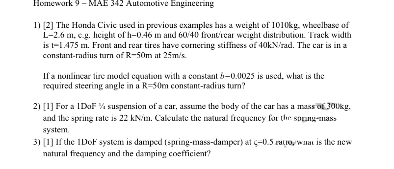 Solved Homework 9-MAE 342 ﻿Automotive Engineering[2] ﻿The | Chegg.com