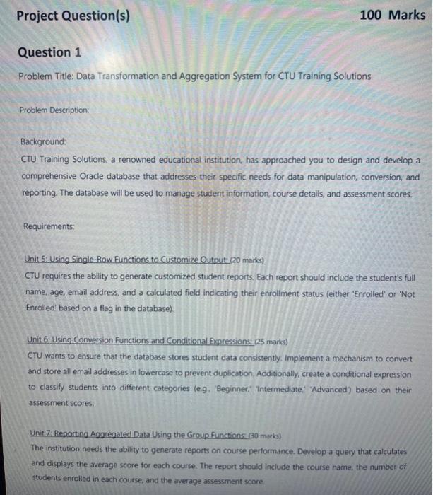 Solved Project Question(s) 100 Marks Question 1 Problem | Chegg.com