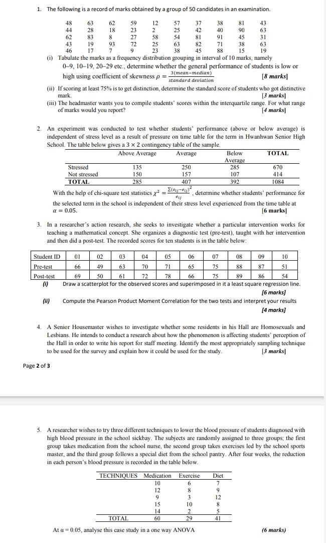 Solved 1. The following is a record of marks obtained by a | Chegg.com