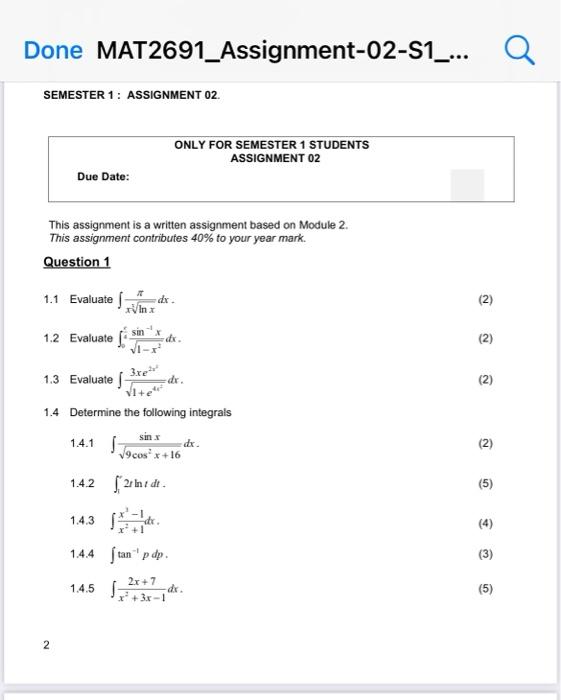 Solved Done MAT2691_Assignment-02-S1_... Q SEMESTER 1: | Chegg.com