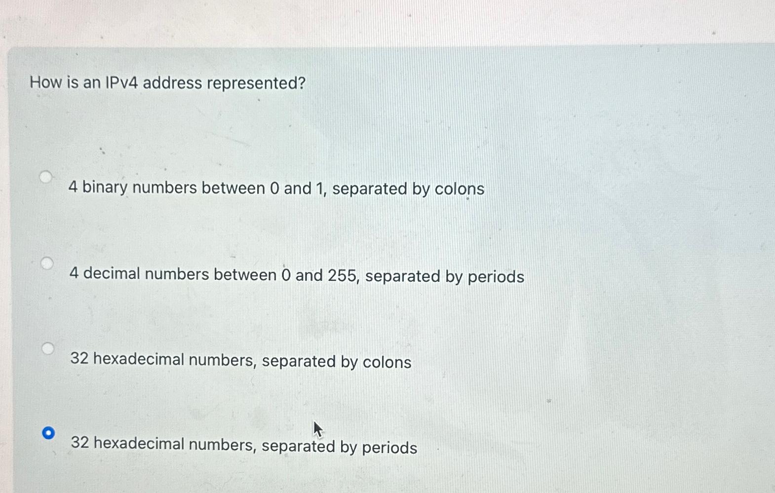 Solved How is an IPv4 ﻿address represented?4 ﻿binary numbers | Chegg.com