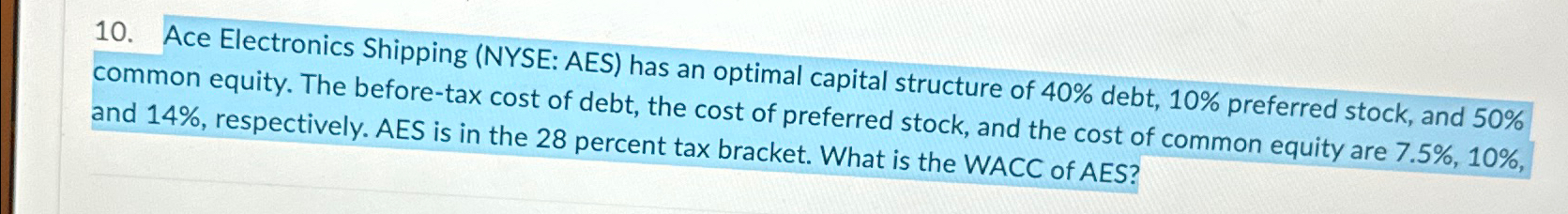 Solved Ace Electronics Shipping (NYSE: AES) ﻿has an optimal | Chegg.com