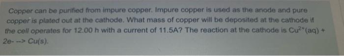Solved Copper can be purified from impure copper. Impure | Chegg.com