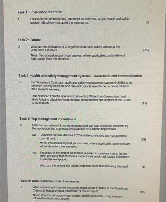 Solved Task 1: Emergency response 1 Based on the scenario | Chegg.com