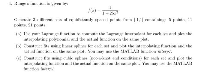 Solved 4. Runge's function is given by: f(x)=1+25x21 | Chegg.com