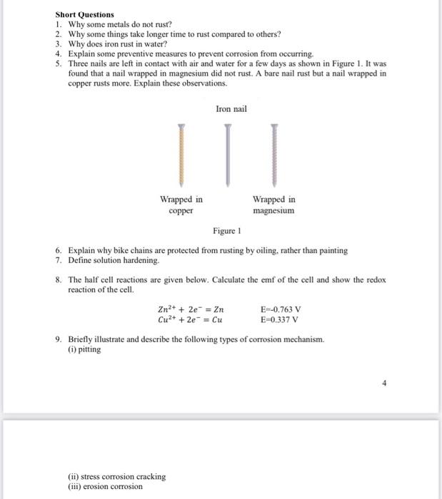 Solved Short Questions 1. Why some metals do not rust? 2. | Chegg.com