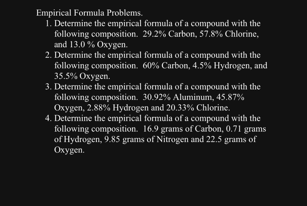Solved Empirical Formula Problems.Determine the empirical | Chegg.com
