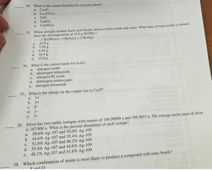 Solved 34. What is the correct formula for calcium nitrate? | Chegg.com
