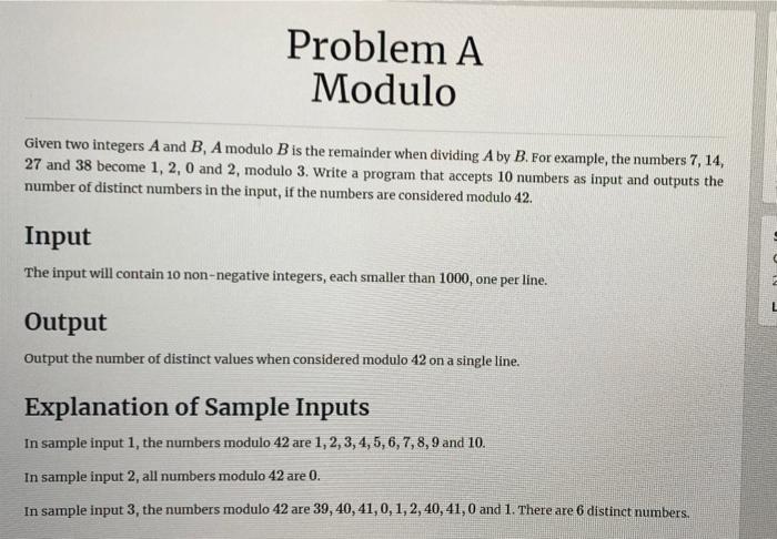 Solved Problem A Modulo Given two integers A and B, A modulo | Chegg.com