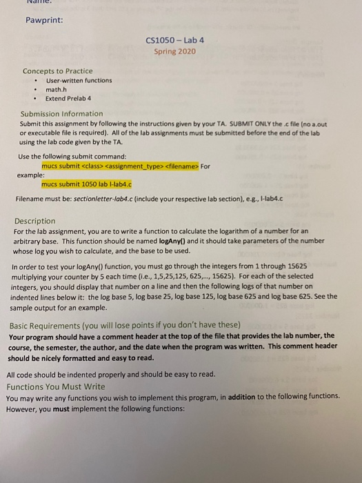 Solved Pawprint: CS1050 - Lab 4 Spring 2020 Concepts to | Chegg.com