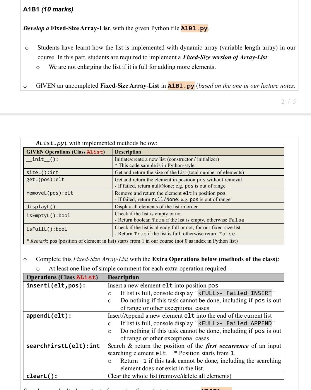 Solved Develop a Fixed-Size Array-List, with the given | Chegg.com
