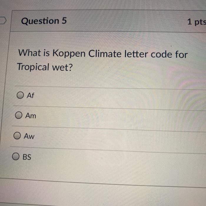 Solved Question 5 1 pts What is Koppen Climate letter code | Chegg.com