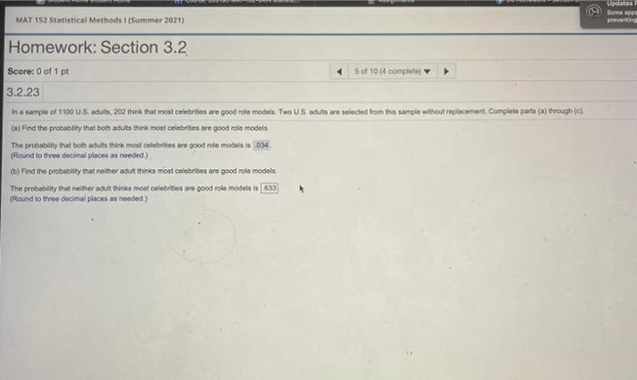 Solved Updates @ Sep MAT 152 Statistical Methods 1 (Summer | Chegg.com