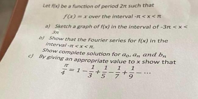 Solved Let f(x) be a function of period 2π such that f(x)=x | Chegg.com