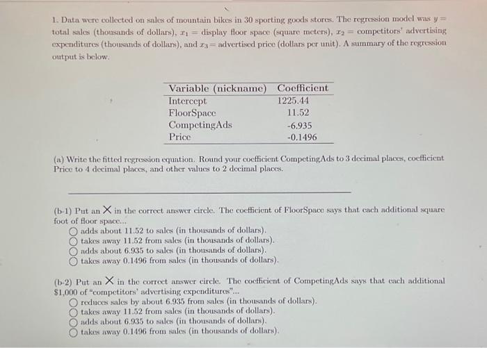 Solved 1. Data were collected on siles of mountuin bikes in | Chegg.com