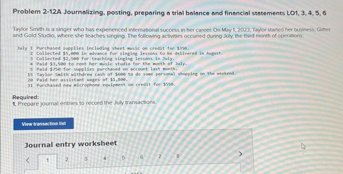 Solved Problem 2-12A Journalizing, posting, preparing a | Chegg.com