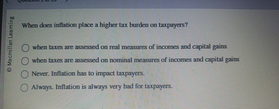Solved How to solve When does inflation place a higher tax | Chegg.com