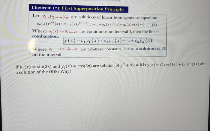 Solved Theorem (2): First Superposition Principle: Let Yı,Y2 | Chegg.com