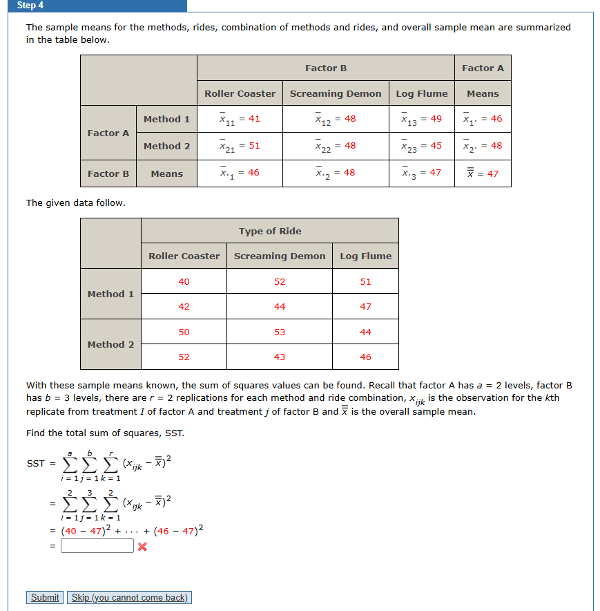 Solved Step 4The sample means for the methods, rides, | Chegg.com