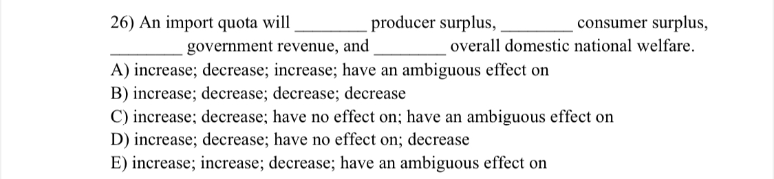 Solved An import quota willproducer surplus,consumer | Chegg.com