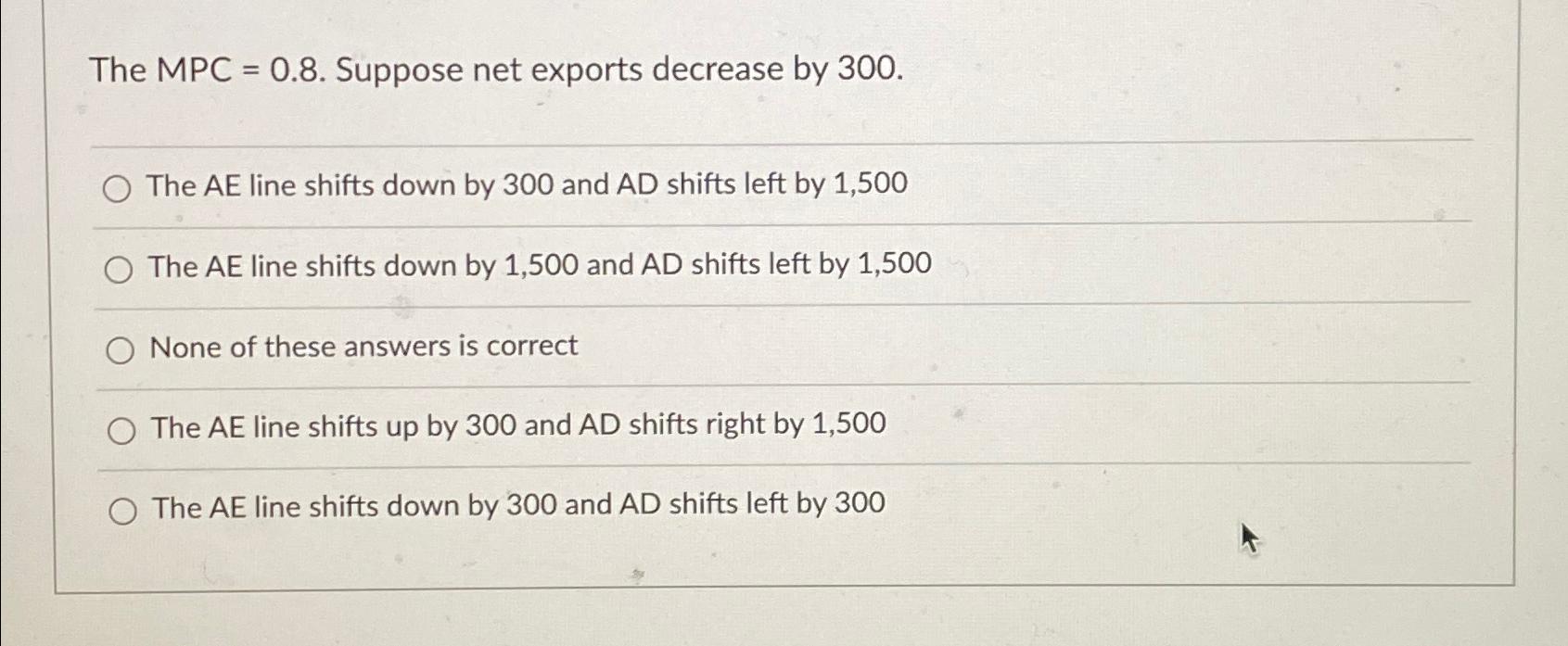 Solved The MPC =0.8. ﻿Suppose net exports decrease by | Chegg.com