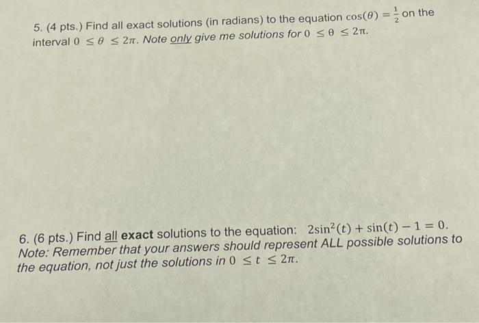 Solved 5. (4 pts.) Find all exact solutions (in radians) to | Chegg.com