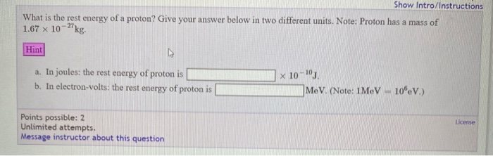 Solved Show Intro/Instructions What is the rest energy of a | Chegg.com