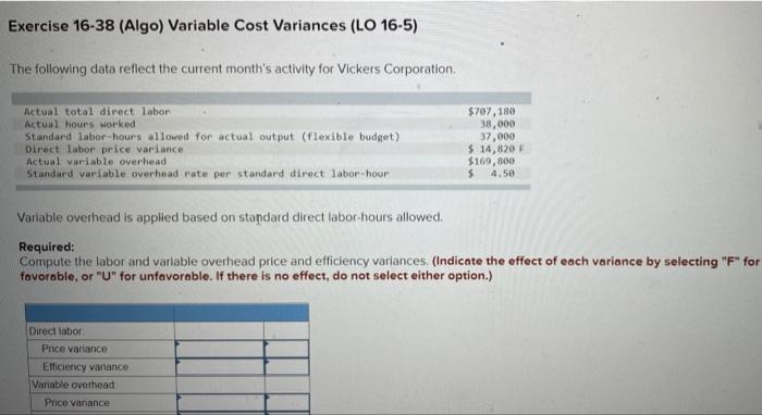 Solved Exercise 16-38 (Algo) Variable Cost Variances (LO | Chegg.com