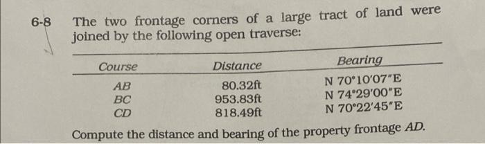 Solved 6-8 The two frontage corners of a large tract of land | Chegg.com