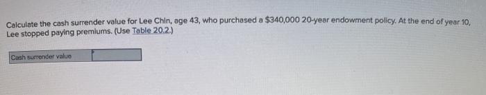 Solved Calculate the cash surrender value for Lee Chin, age | Chegg.com