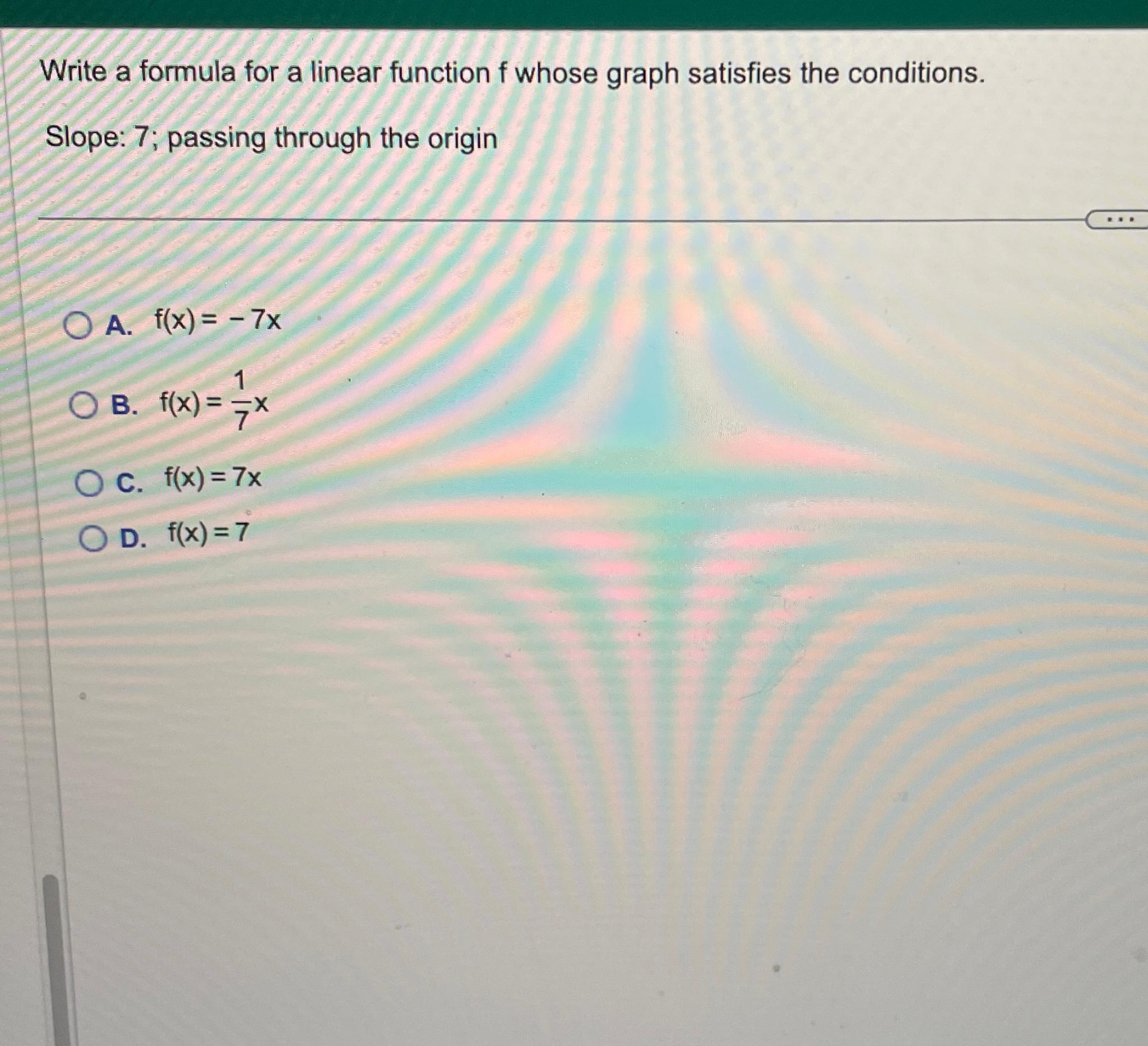 Solved Write a formula for a linear function f ﻿whose graph | Chegg.com