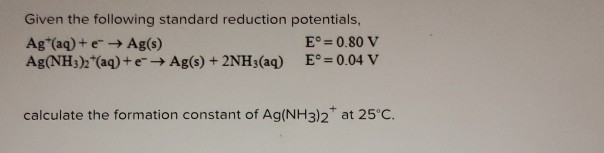 Solved Given the following standard reduction potentials, Ag | Chegg.com