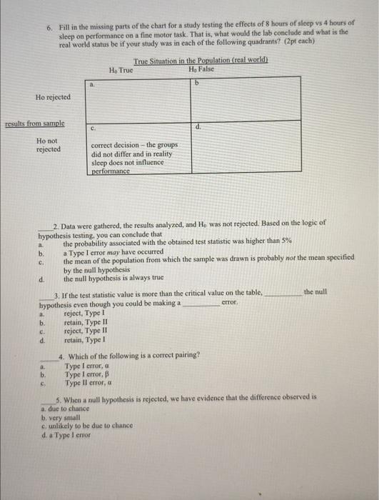 Solved 6. Fill in the missing parts of the chart for a study | Chegg.com