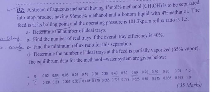 Solved Q2: A stream of aqueous methanol having 45 mol% | Chegg.com