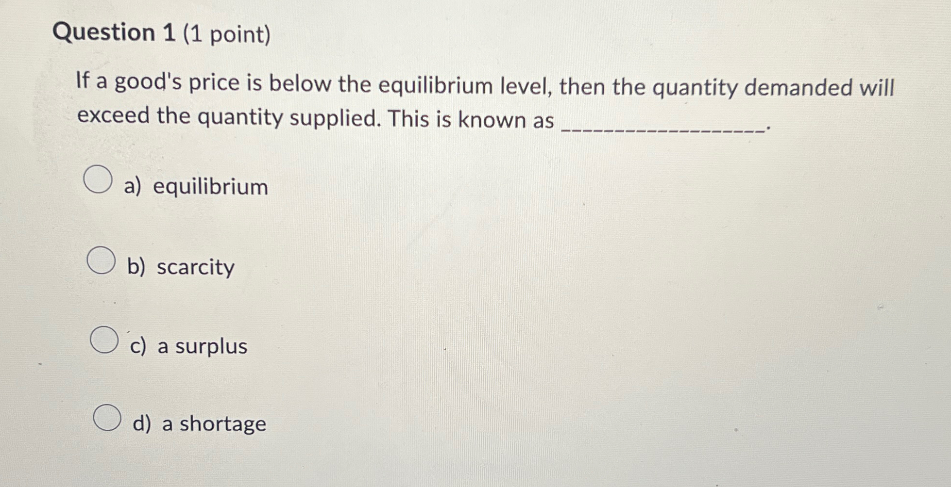 Solved Question 1 (1 ﻿point)If a good's price is below the | Chegg.com