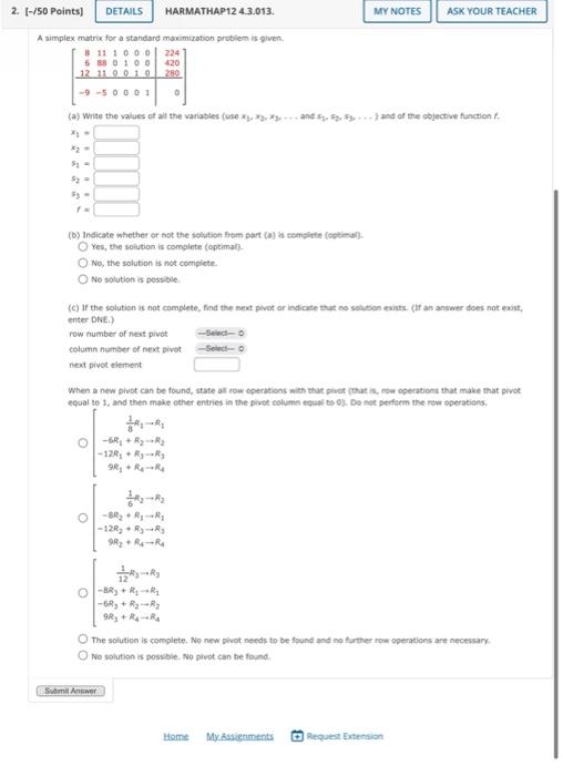Solved A simplex matrix for a standard maximization problem | Chegg.com