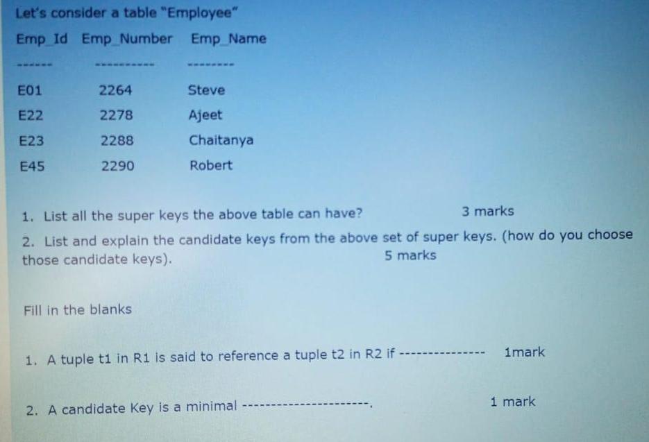 Solved Let's consider a table "Employee" Emp Id Emp Number | Chegg.com