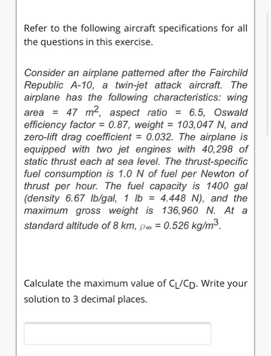 Refer to the following aircraft specifications for | Chegg.com