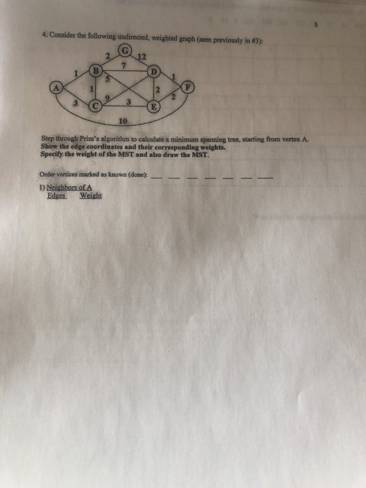 Solved 4. Consider the following undirected, weighted graph | Chegg.com