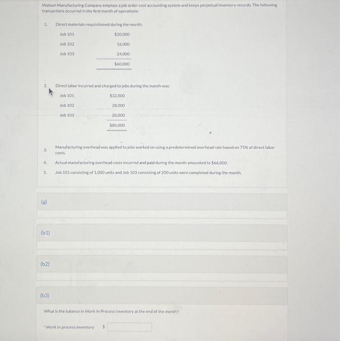 Solved Watson Manufacturing Company employs a job order cost | Chegg.com