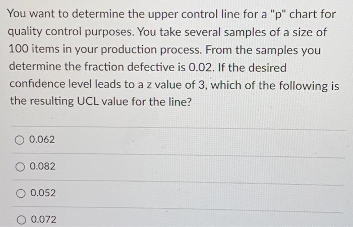 Solved You want to determine the upper control line for a " | Chegg.com