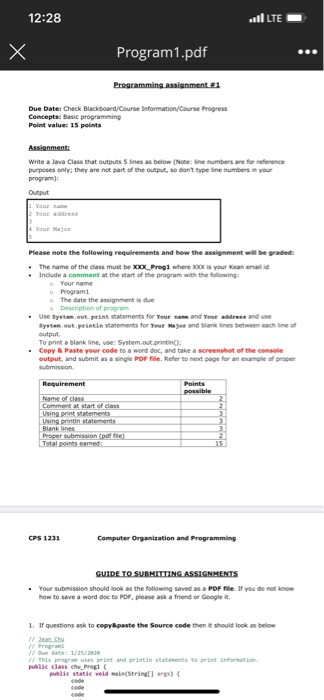 Solved 12:28 vilGE X Program1.pdf Name of class start of | Chegg.com